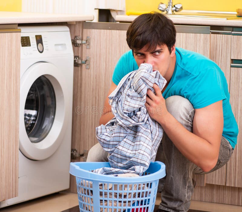 Young Husband Man Doing Laundry at Home Stock Image - Image of dirty ...