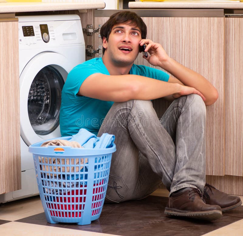 Young Husband Man Doing Laundry at Home Stock Image - Image of domestic ...