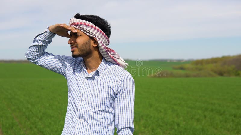 Young Indian Farmer Working in a Wheat Field, Inspecting and Tuning ...