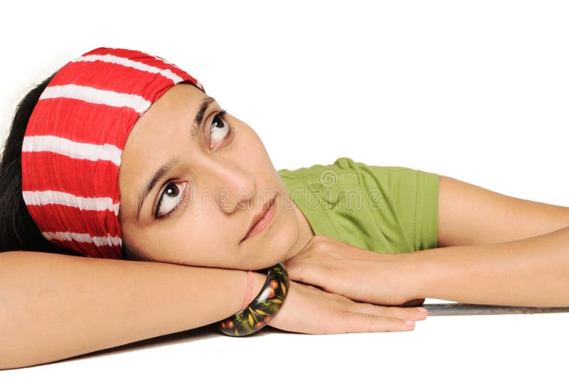 Young Indian Girl Thinking Deeply. Stock Image - Image of looking ...