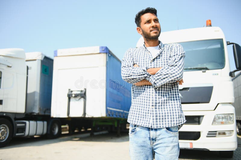 Young Indian Man Standing in Front of His Truck. Stock Image - Image of ...
