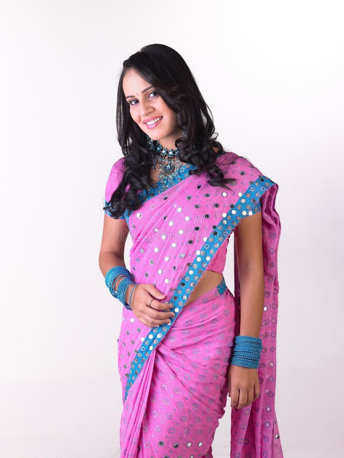 Young Indian Model in Pink Sari Stock Photo - Image of blue, costume ...