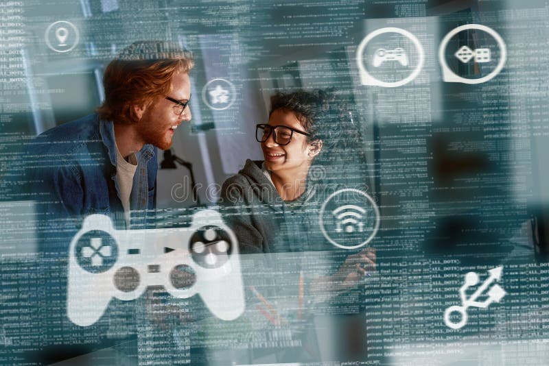 Young Indian Woman Game Developer and Red Haired Man are Laughting ...