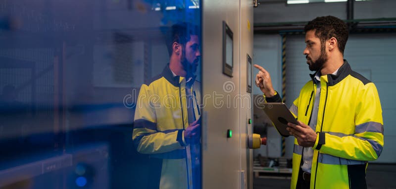 Young Industrial Worker Operating Cnc Machine at Metal Machining ...