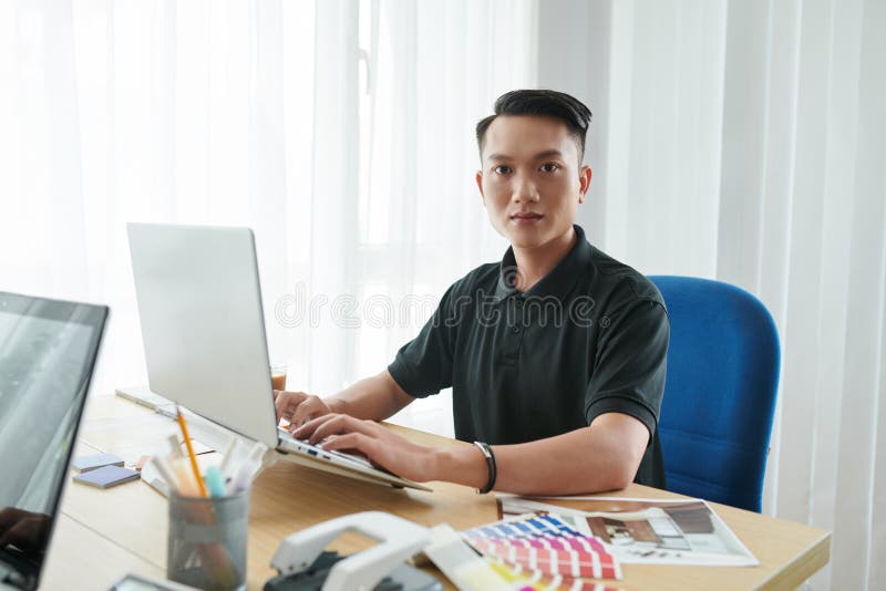 Interior Designer Working at Office Desk Stock Image - Image of ...