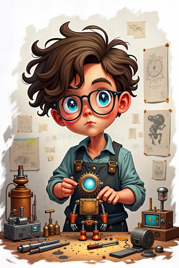Young Inventor Assembles Robot in Workshop Stock Illustration ...