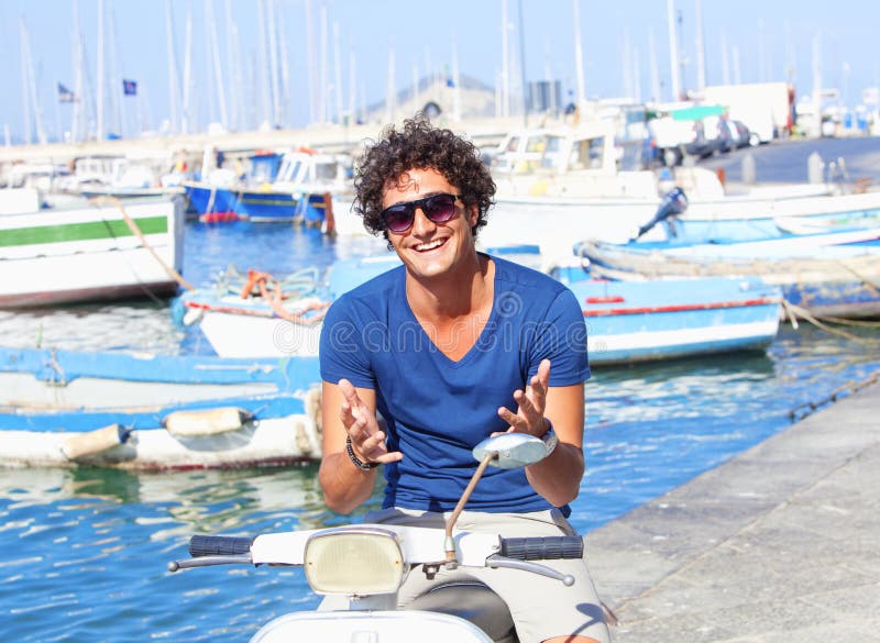 Young Italian Man on Vespa Scooter Stock Photo - Image of boat, sunny ...