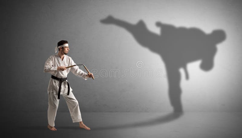 Karate Man Confronting with His Own Shadow Stock Image - Image of ...