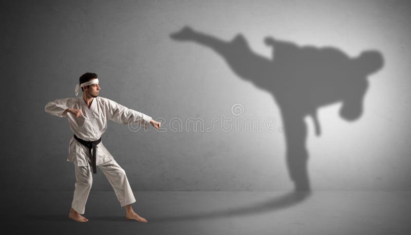 Karate Man Confronting with His Own Shadow Stock Image - Image of kick ...