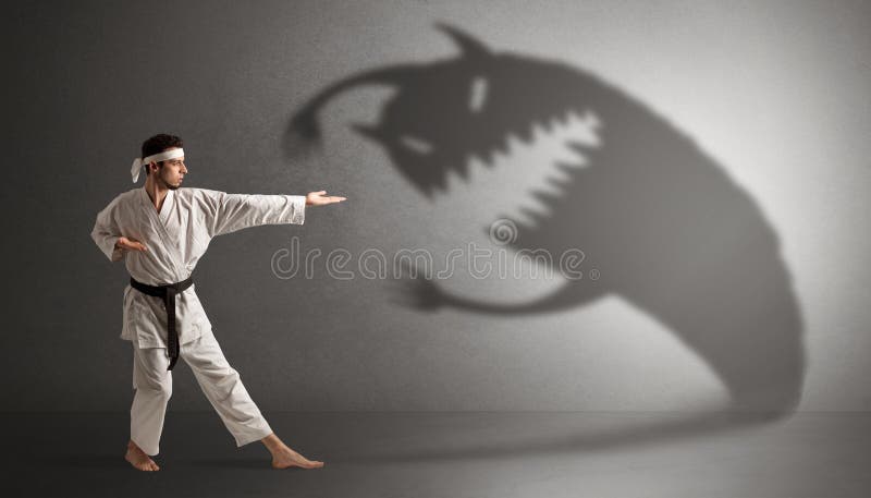Karate Man Fighting with a Big Scary Shadow Stock Image - Image of ...