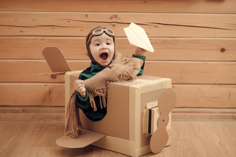 Young Kid Pilot Flying a Cardboard Box Stock Photo - Image of dreaming ...