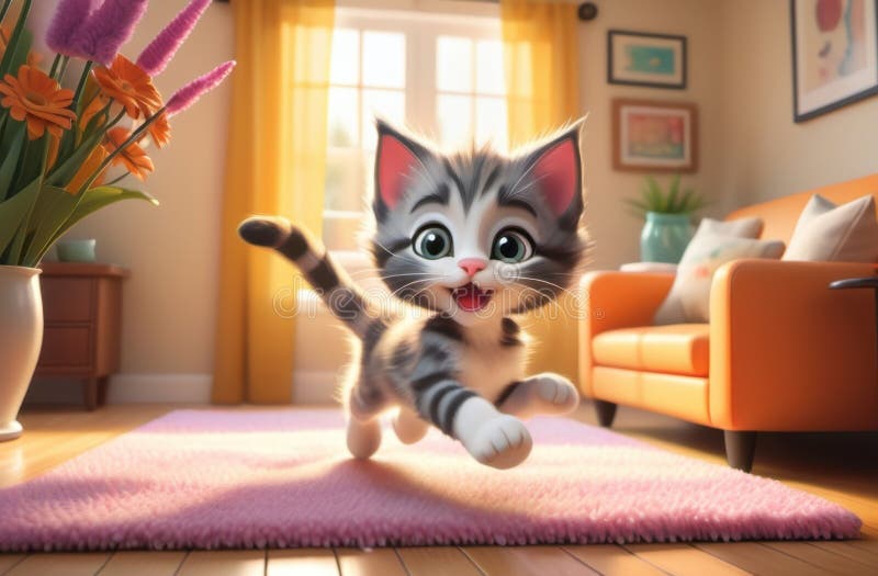 A Young Kitten Running in a Living Room 28-1-2025 Stock Illustration ...