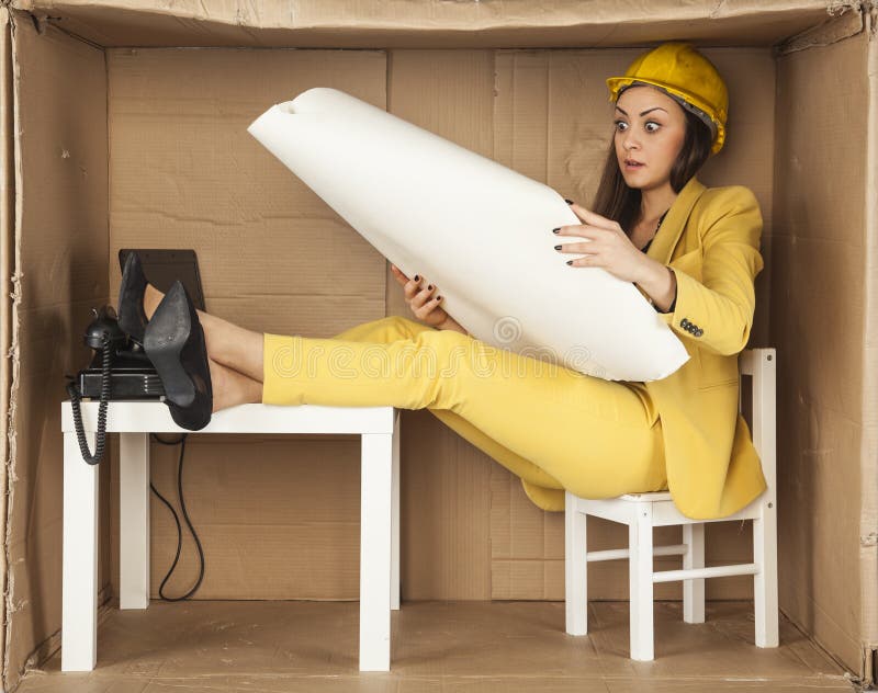 Young Lady Architect Surprised View Building Plans Stock Photo - Image ...