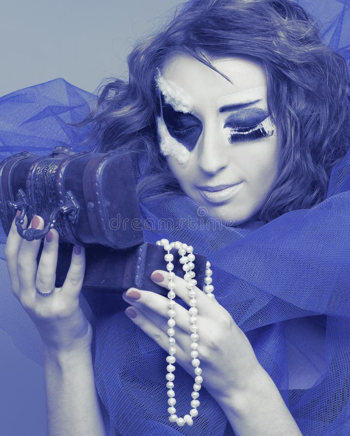 Young lady with box stock photo. Image of brunette, blue - 37504004