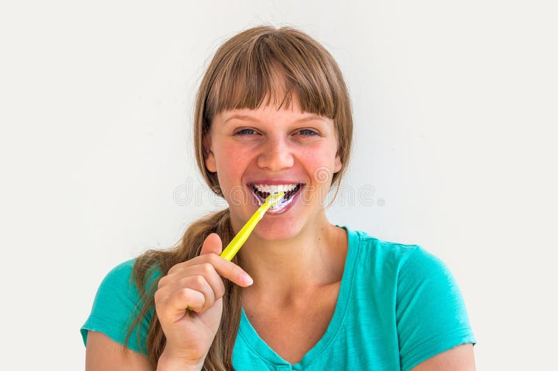 Young Lady Brushing Teeth in the Morning Stock Photo - Image of clean ...