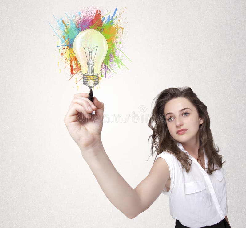 Young Lady Drawing a Colorful Light Bulb with Colorful Splashes Stock ...
