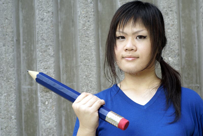 Young Lady Holding Big Pencil Stock Photo - Image of writing, education ...