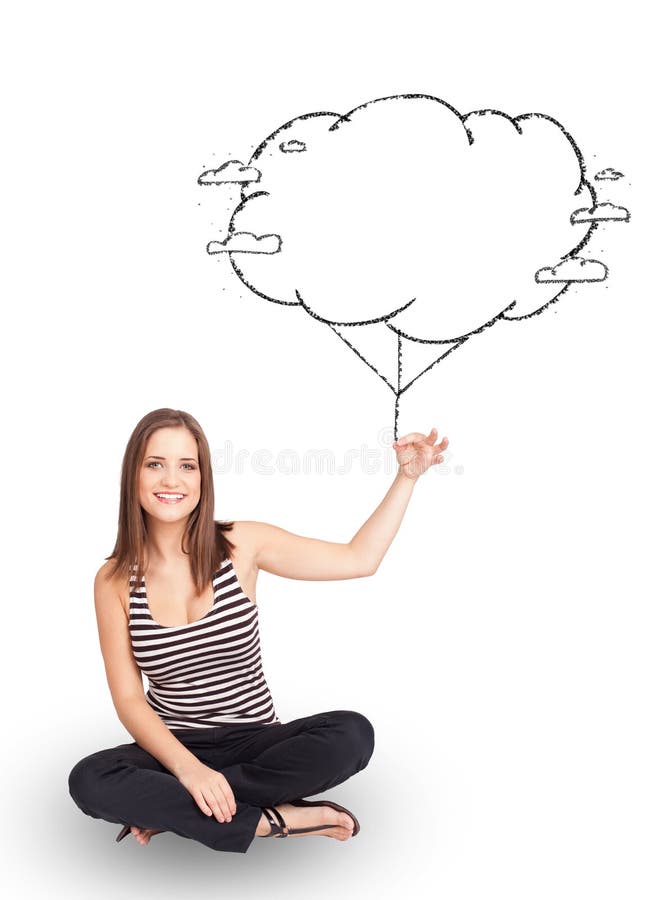 Young Lady Holding Cloud Balloon Drawing Stock Image - Image of jump ...
