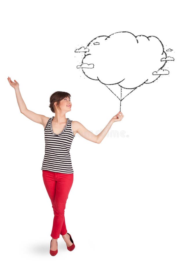 Young Lady Holding Cloud Balloon Drawing Stock Image - Image of baloon ...