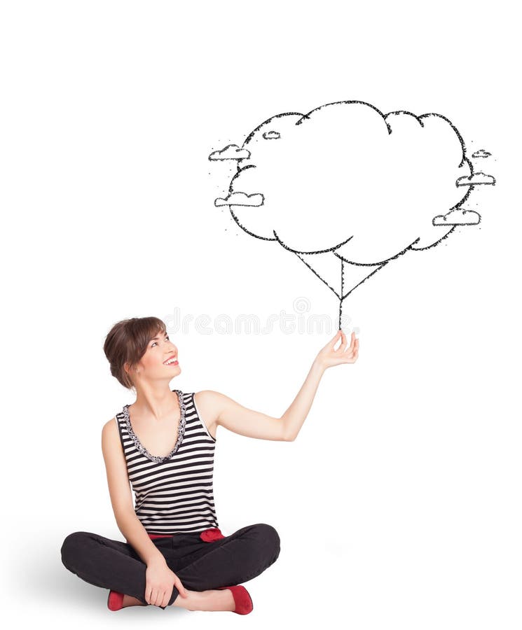 Young Lady Holding Cloud Balloon Drawing Stock Image - Image of ...