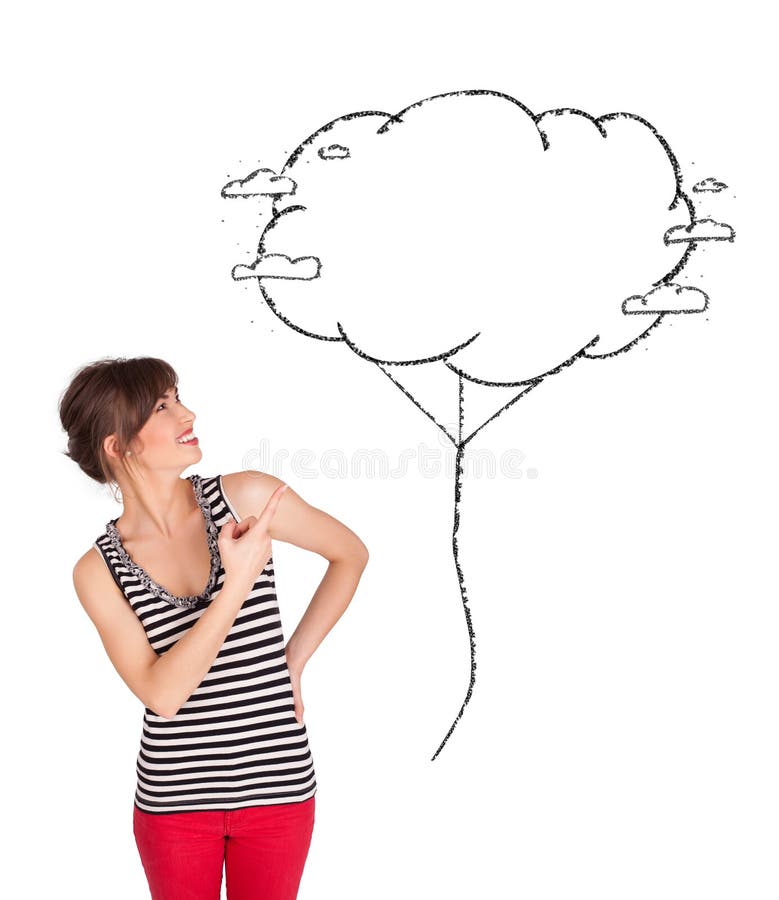 Young Lady Holding Cloud Balloon Drawing Stock Image - Image of ...