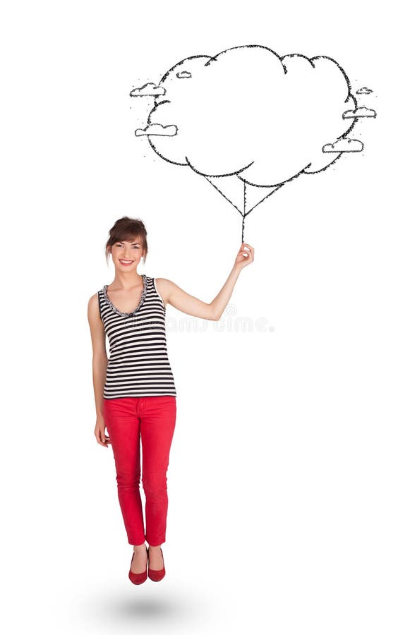 Young Lady Holding Cloud Balloon Drawing Stock Image - Image of bubble ...
