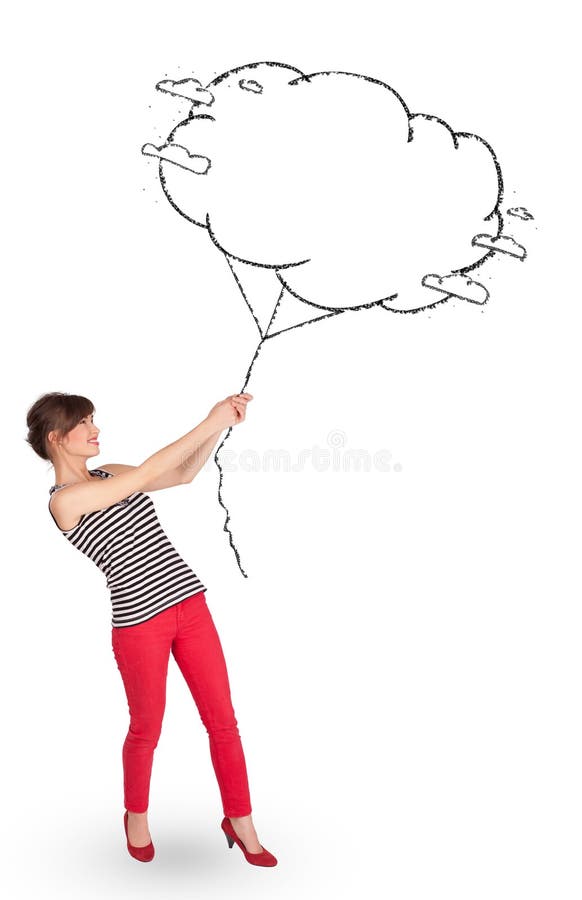 Young Lady Holding Cloud Balloon Drawing Stock Image - Image of cloud ...