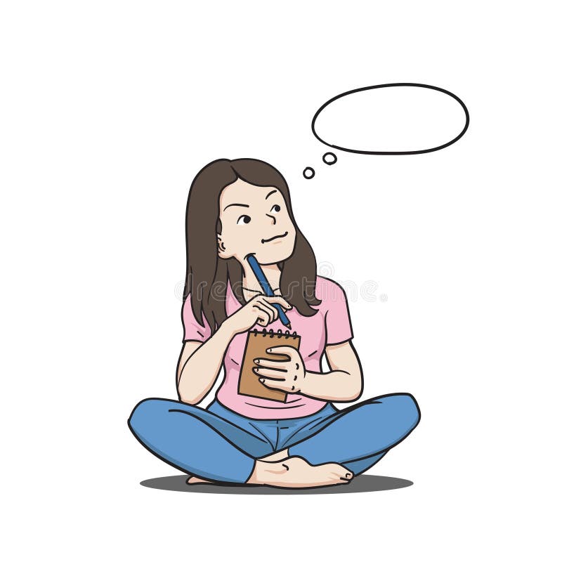 Young Lady is Holding a Pencil and Thinking Stock Vector - Illustration ...