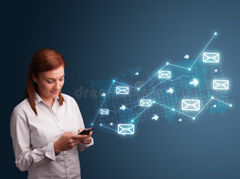 Young Lady Holding a Phone with Arrows and Message Icons Stock Image ...
