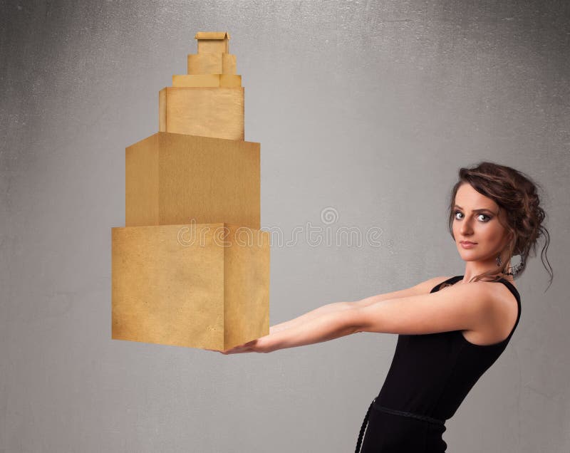 Young Lady Holding a Set of Brown Cardboard Boxes Stock Image - Image ...