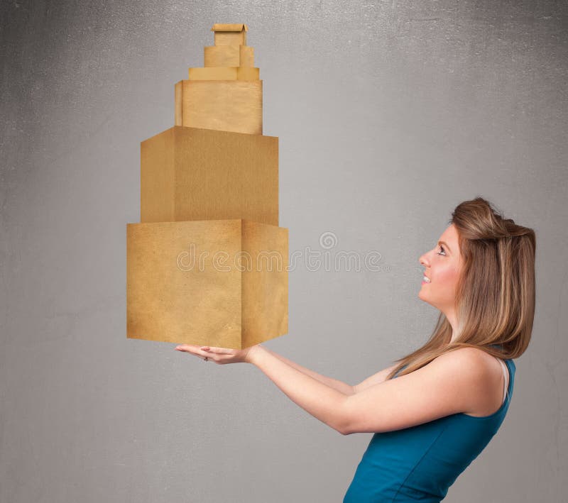 Young Lady Holding a Set of Brown Cardboard Boxes Stock Image - Image ...