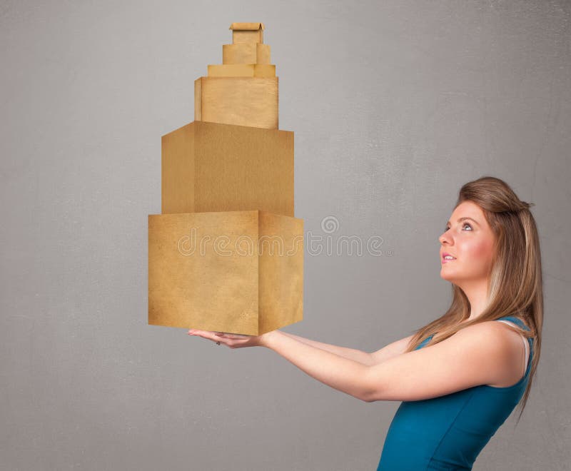 Young Lady Holding a Set of Brown Cardboard Boxes Stock Image - Image ...