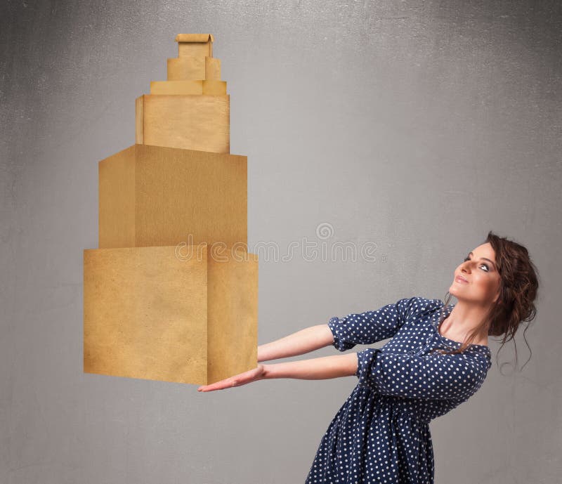 Young Lady Holding a Set of Brown Cardboard Boxes Stock Image - Image ...