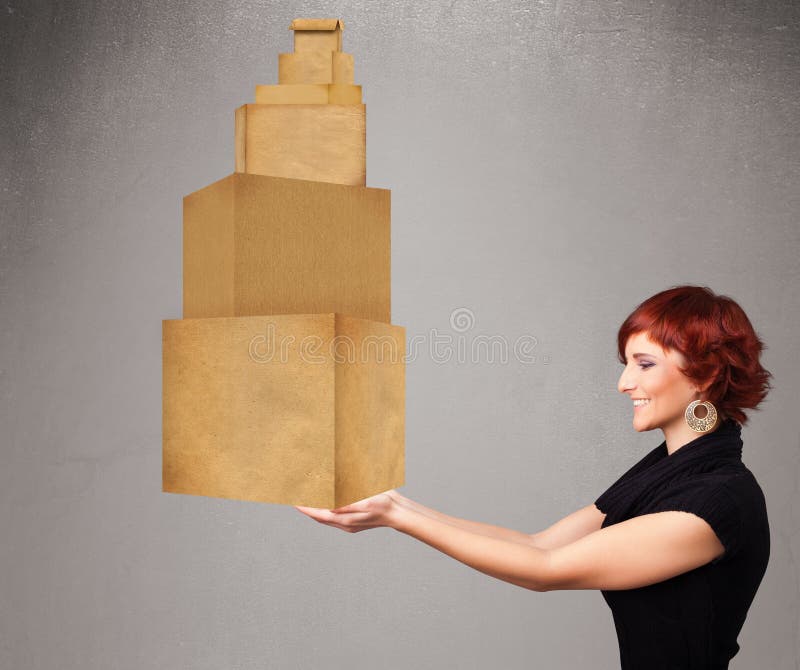 Young Lady Holding a Set of Brown Cardboard Boxes Stock Image - Image ...
