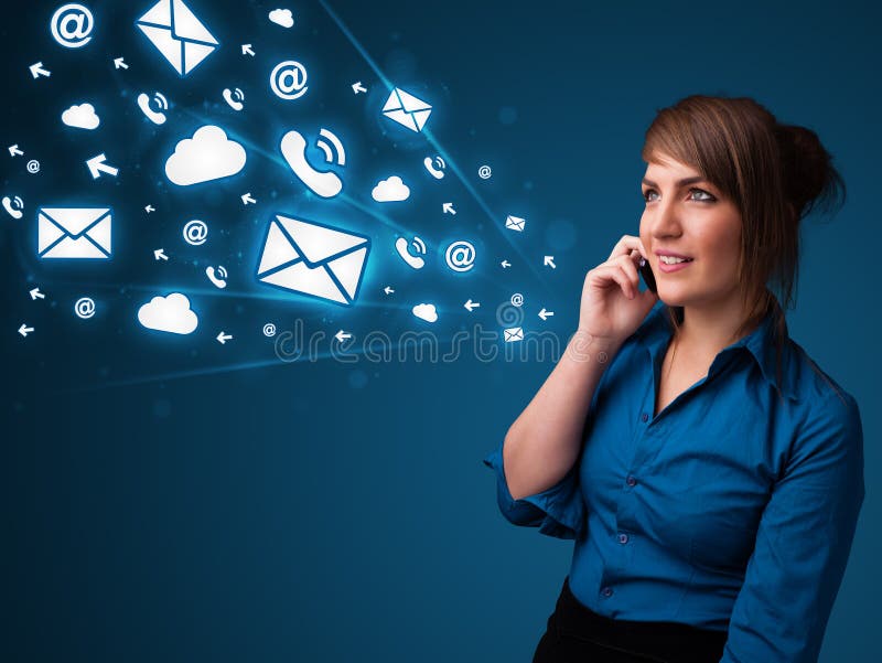 Young Lady Making Phone Call with Message Icons Stock Image - Image of ...