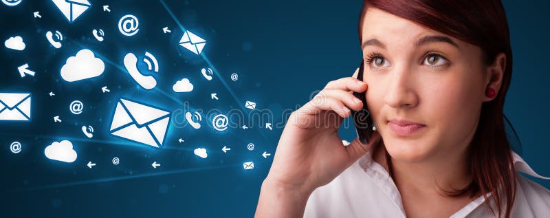 Young Lady Making Phone Call with Message Icons Stock Image - Image of ...