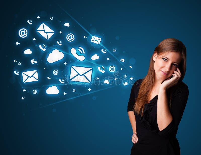 Young Lady Making Phone Call with Message Icons Stock Photo - Image of ...
