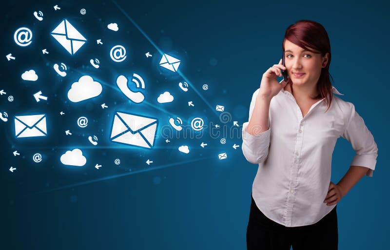 Young Lady Making Phone Call with Message Icons Stock Image - Image of ...