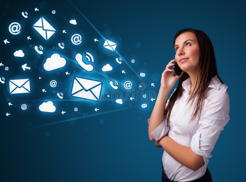 Young Lady Making Phone Call with Message Icons Stock Image - Image of ...