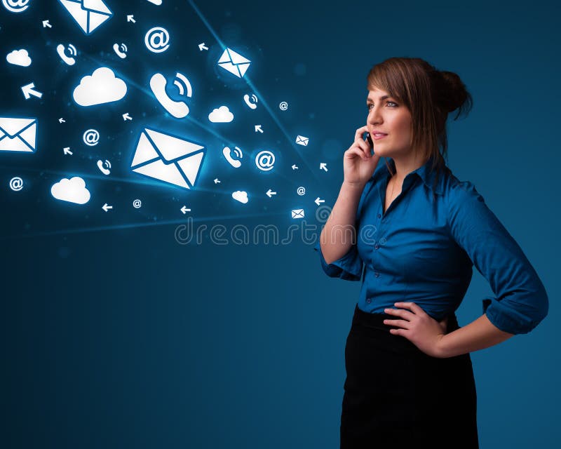 Young Lady Making Phone Call with Message Icons Stock Image - Image of ...
