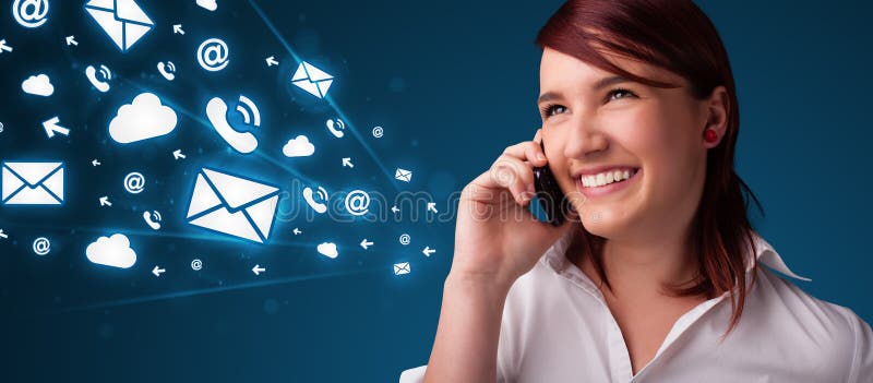Young Lady Making Phone Call with Message Icons Stock Photo - Image of ...