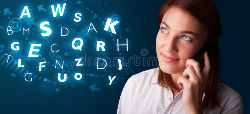 Young Lady Making Phone Call with Shiny Characters Stock Photo - Image ...