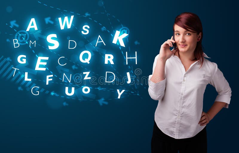 Young Lady Making Phone Call with Shiny Characters Stock Photo - Image ...