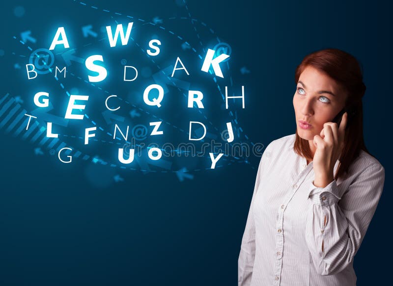 Young Lady Making Phone Call with Shiny Characters Stock Image - Image ...