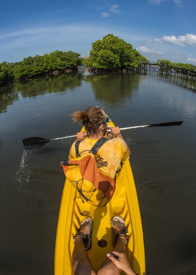 Young Lady Paddling Hard the Sea Kayak with Lots Stock Photo - Image of ...