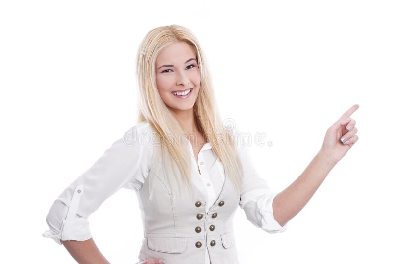 Young Lady Pointing Something Stock Photo - Image of advertising ...