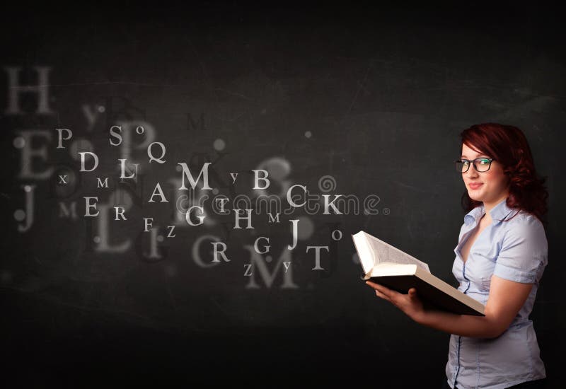 Young Lady Reading a Book with Alphabet Letters Stock Photo - Image of ...
