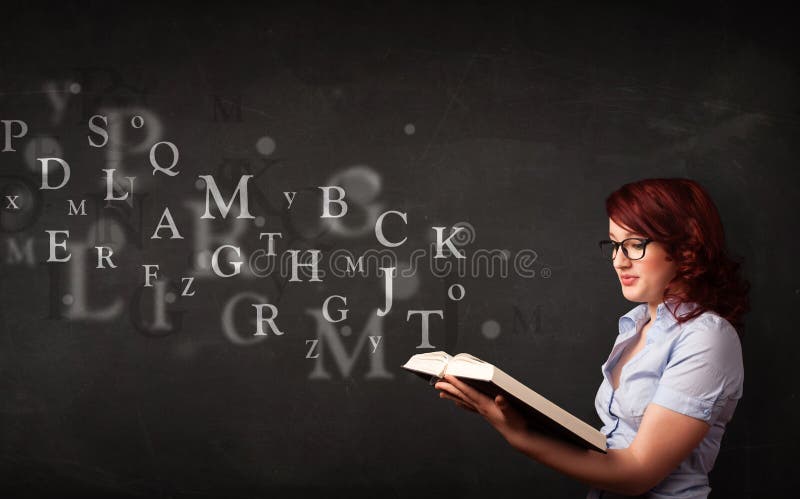 Young Lady Reading a Book with Alphabet Letters Stock Image - Image of ...
