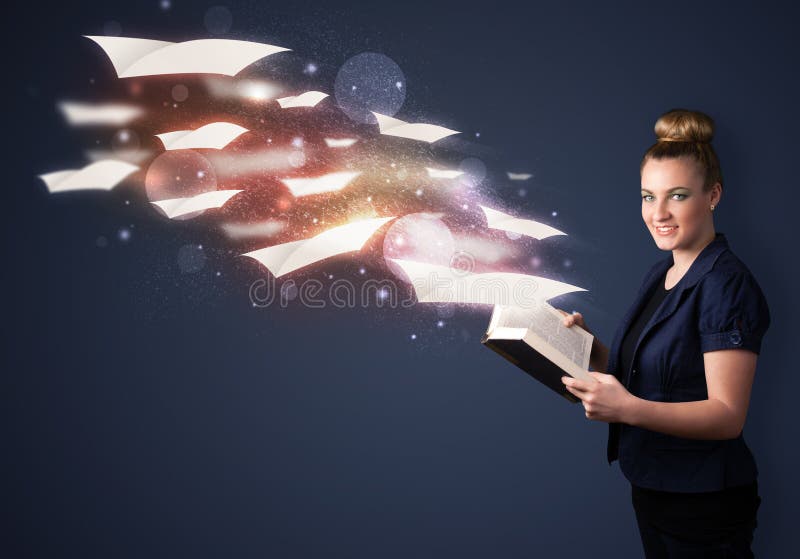Young Lady Reading a Book with Flying Sheets Coming Out of the B Stock ...
