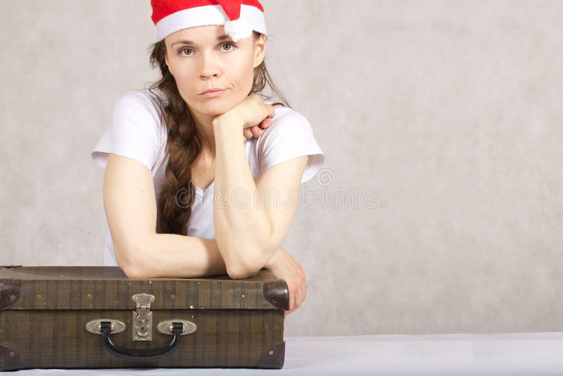 Young Lady in Santa Claus Hat and Old Suitcase Stock Photo - Image of ...